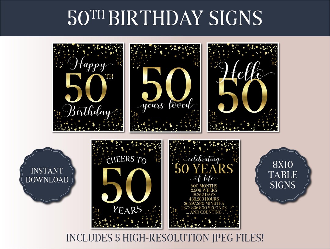 50th Birthday Signs Bundle - Black and Gold Party 2025 - Instant ...