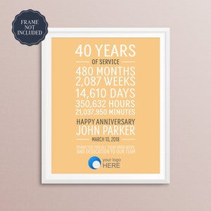 40 Year Work Anniversary Print, Employee Gift, 40 Years of Service ...