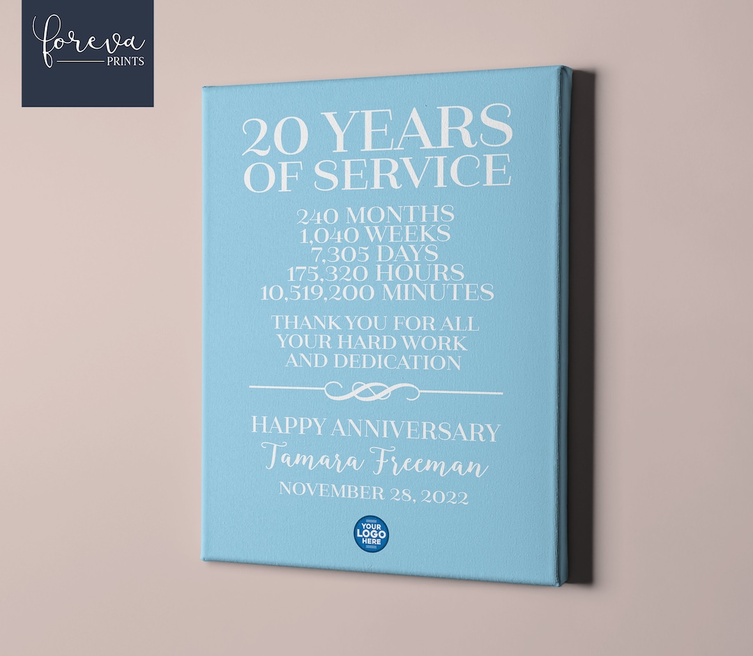20 Year Work Anniversary Print, Gift Idea, Customizable, Thank You Gift ...