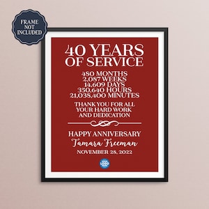 40 Year Work Anniversary Print, Gift Idea, Customizable, Thank You Gift ...