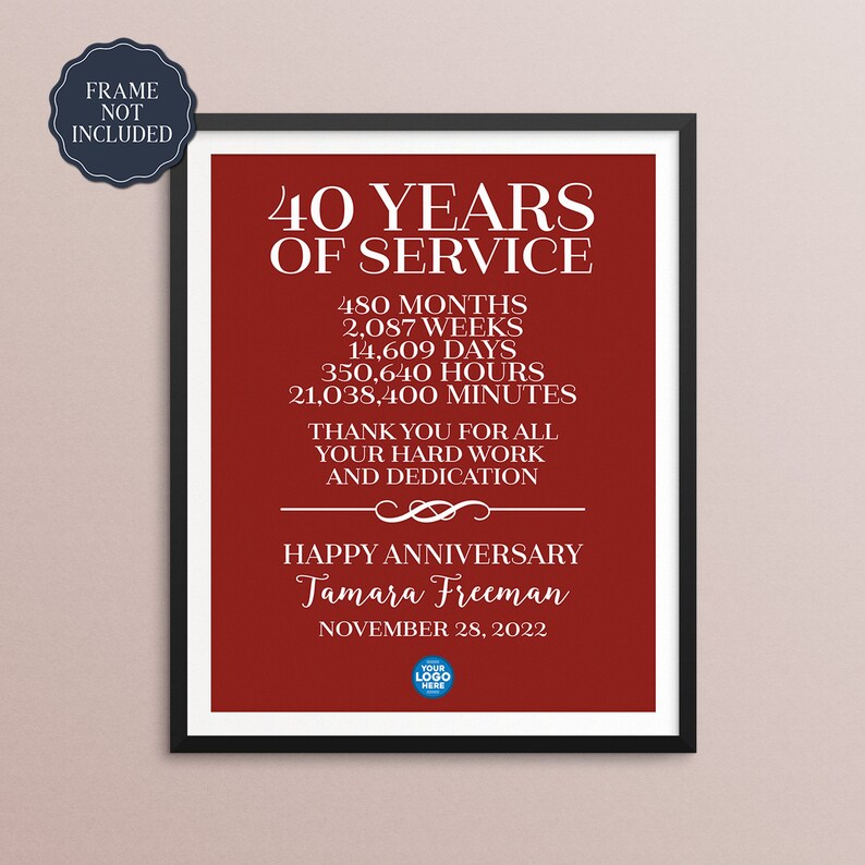 40 Year Work Anniversary Print, Gift Idea, Customizable, Thank You Gift ...
