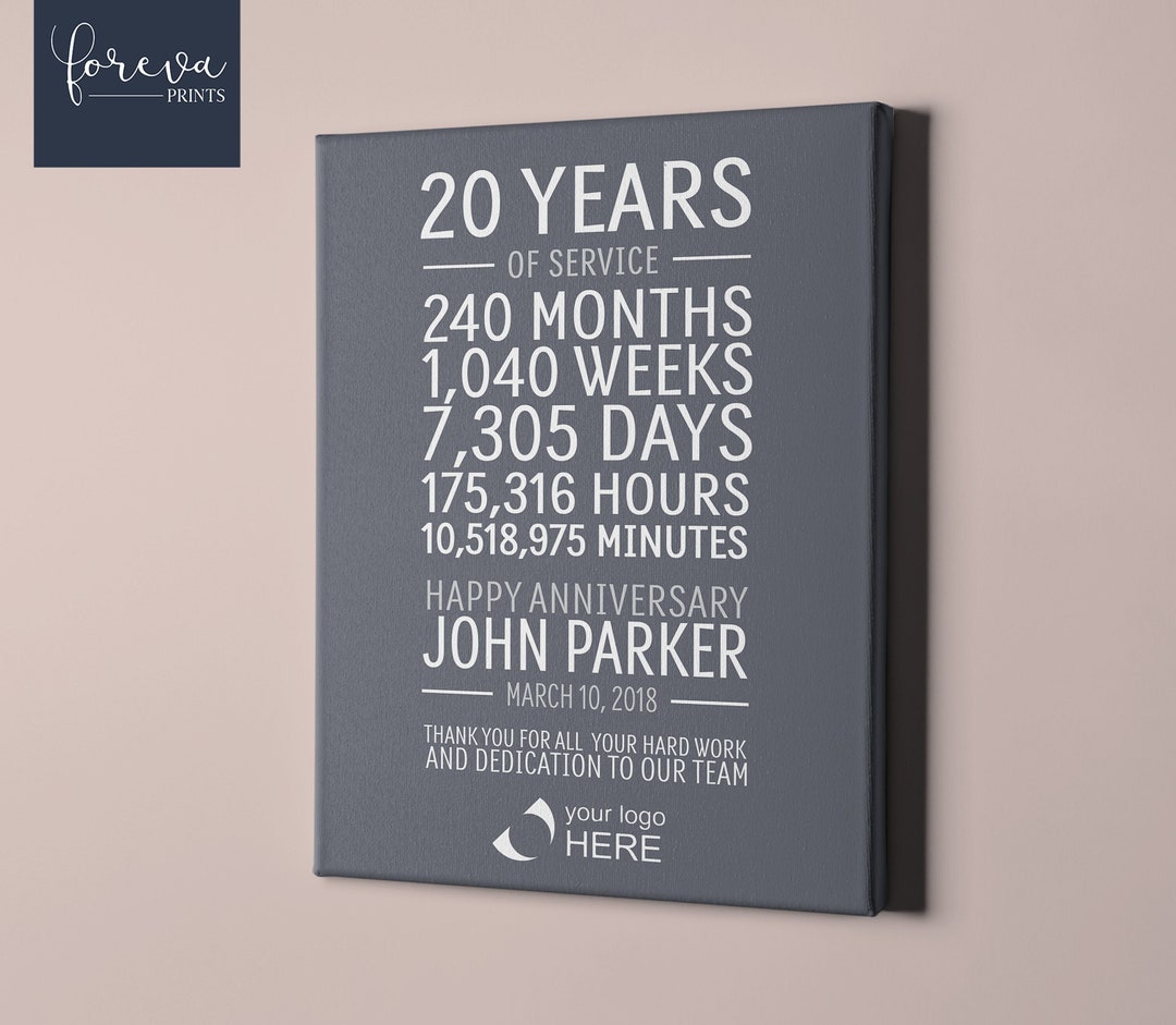 20 Year Work Anniversary Print, 20 Years of Service, Customizable ...