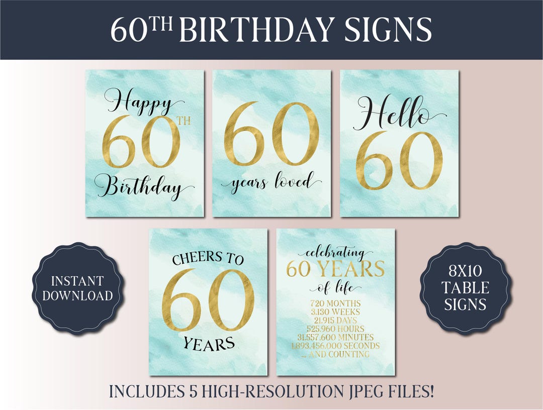 60th Birthday Signs Bundle - Blue Watercolour Party 2025 - Instant ...