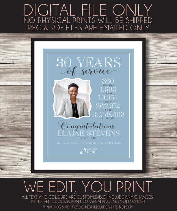 30 Year Work Anniversary Photo Print Digital Print Thank You Etsy