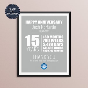 15 Year Work Anniversary Print, 15th Employee Anniversary Gift Idea ...