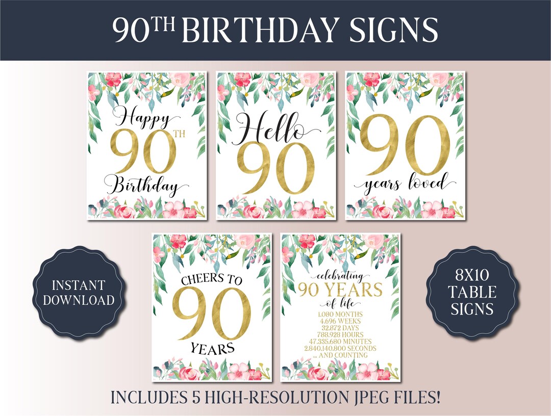 90th Birthday Signs Bundle - Floral Garden Party 2024 Flowers - Instant ...