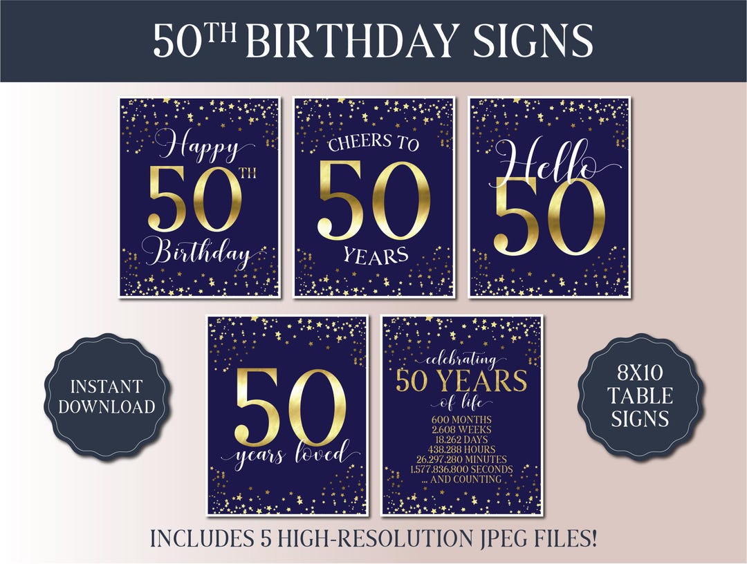 50th Birthday Signs Bundle - Navy and Gold Party 2025 - Instant ...