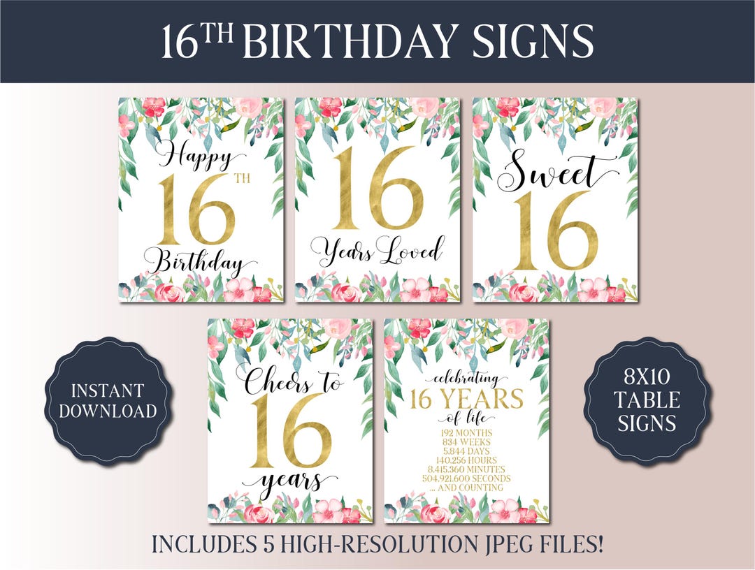 16th Birthday Printable Signs Bundle - Flower Watercolor - Sweet 16 ...