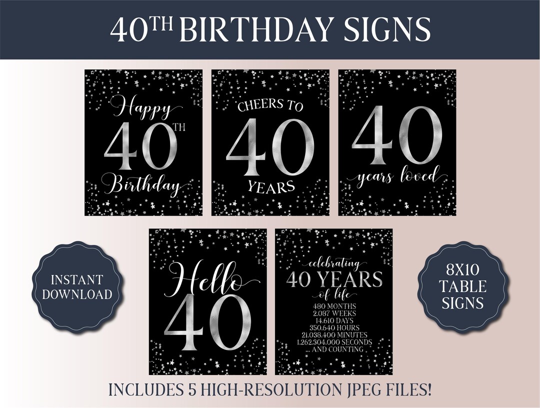 40th Birthday Signs Bundle - Black and Silver Party 2025 - Instant ...