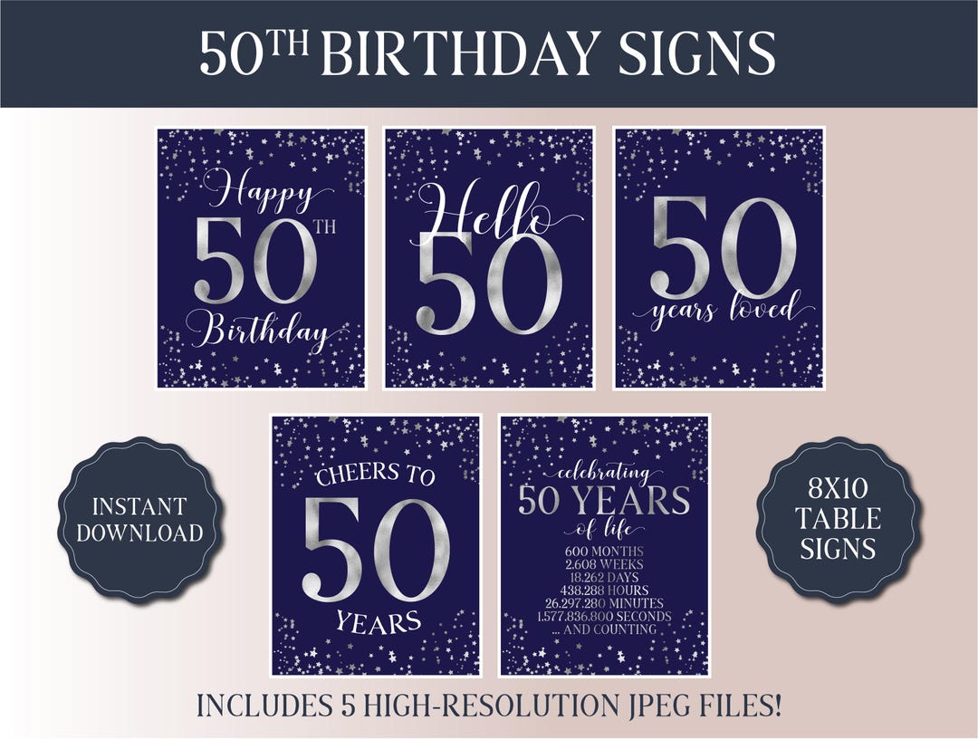 50th Birthday Signs Bundle - Navy and Silver Party 2025 - Instant ...