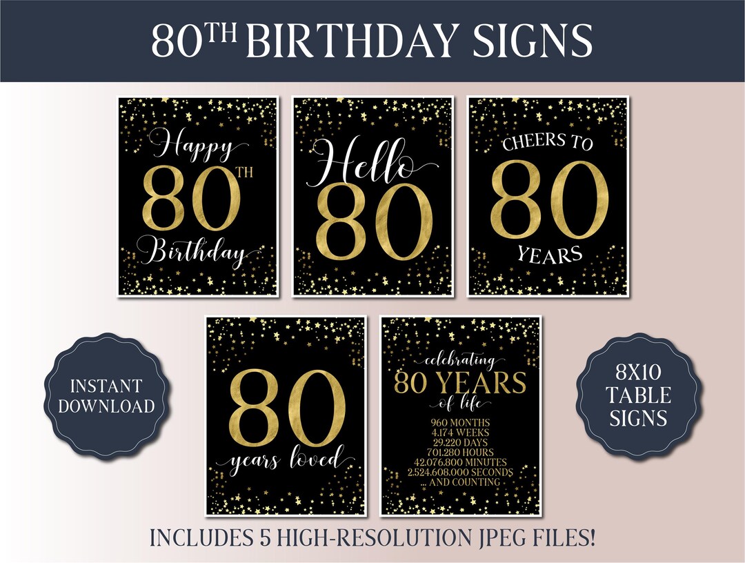 80th Birthday Signs Bundle - Black and Gold Party 2025 - Instant ...