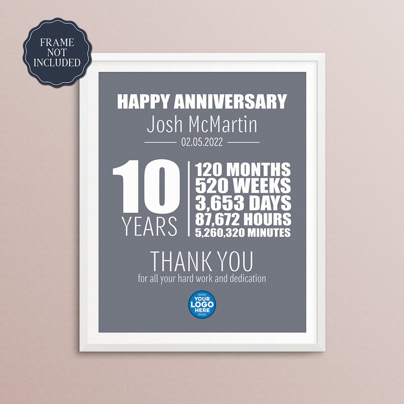 10 Year Work Anniversary Print 10th Employee Anniversary Gift - Etsy