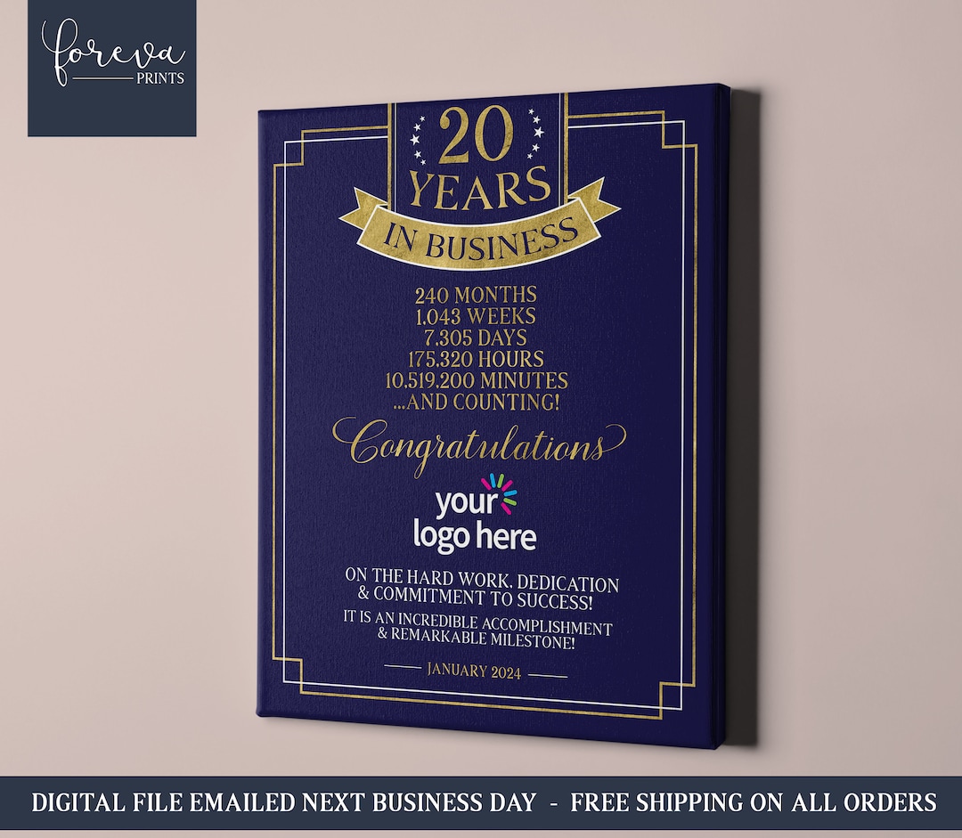20th Business Anniversary Canvas Gift Idea, 20 Years in Business Sign ...