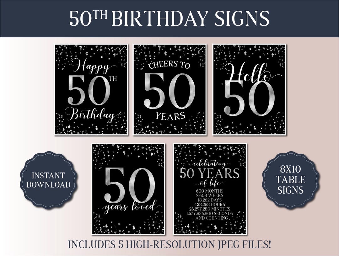 50th Birthday Signs Bundle - Black and Silver Party 2025 - Instant ...