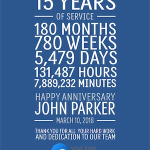 15 Year Work Anniversary Print, Employee Gift, 15 Years of Service ...