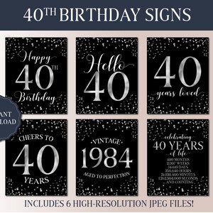 40th Birthday Signs Bundle Black and Silver Party 2024 Instant Download ...