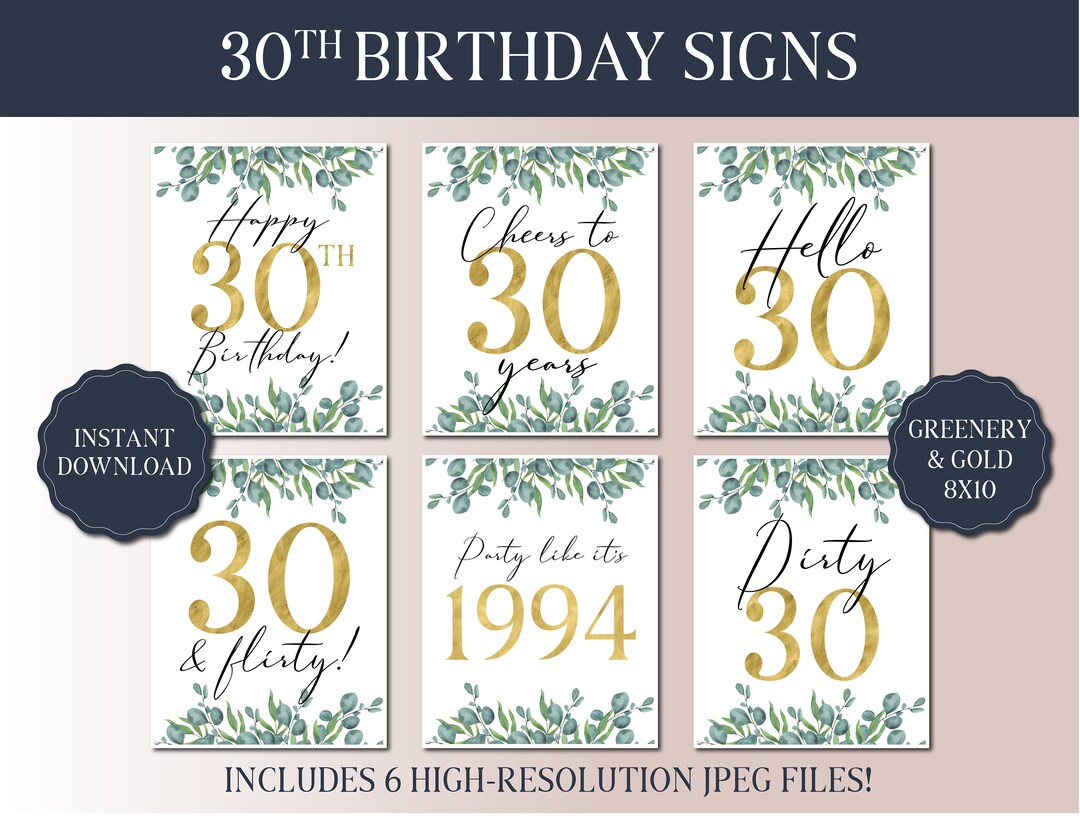 30th Birthday Sign Bundle of 6- Greenery Garden Party 2024 - Instant ...