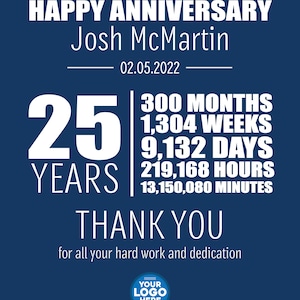 25 Year Work Anniversary Print, 25th Employee Anniversary Gift Idea ...