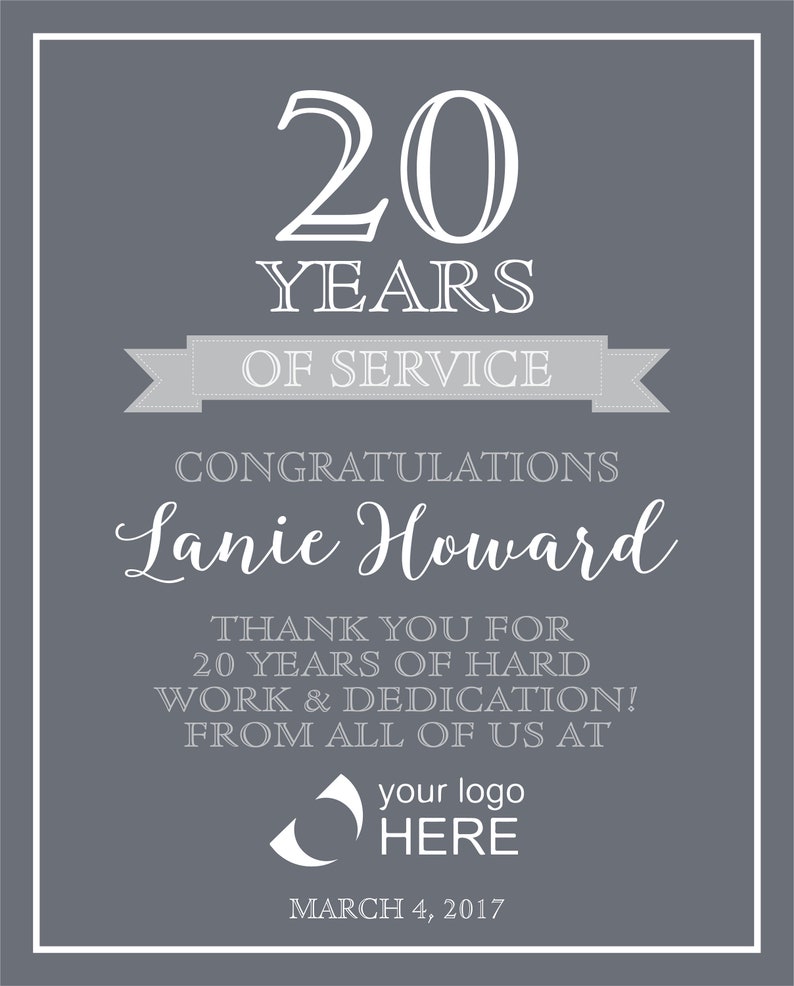 20 Year Work Anniversary Print, 20th Work Anniversary Digital Print ...