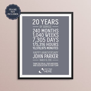 20 Year Work Anniversary Print, 20 Years of Service, Customizable ...
