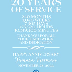 20 Year Work Anniversary Print, Gift Idea, Customizable, Thank You Gift ...
