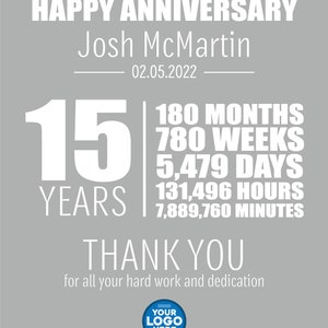 15 Year Work Anniversary Print, 15th Employee Anniversary Gift Idea ...