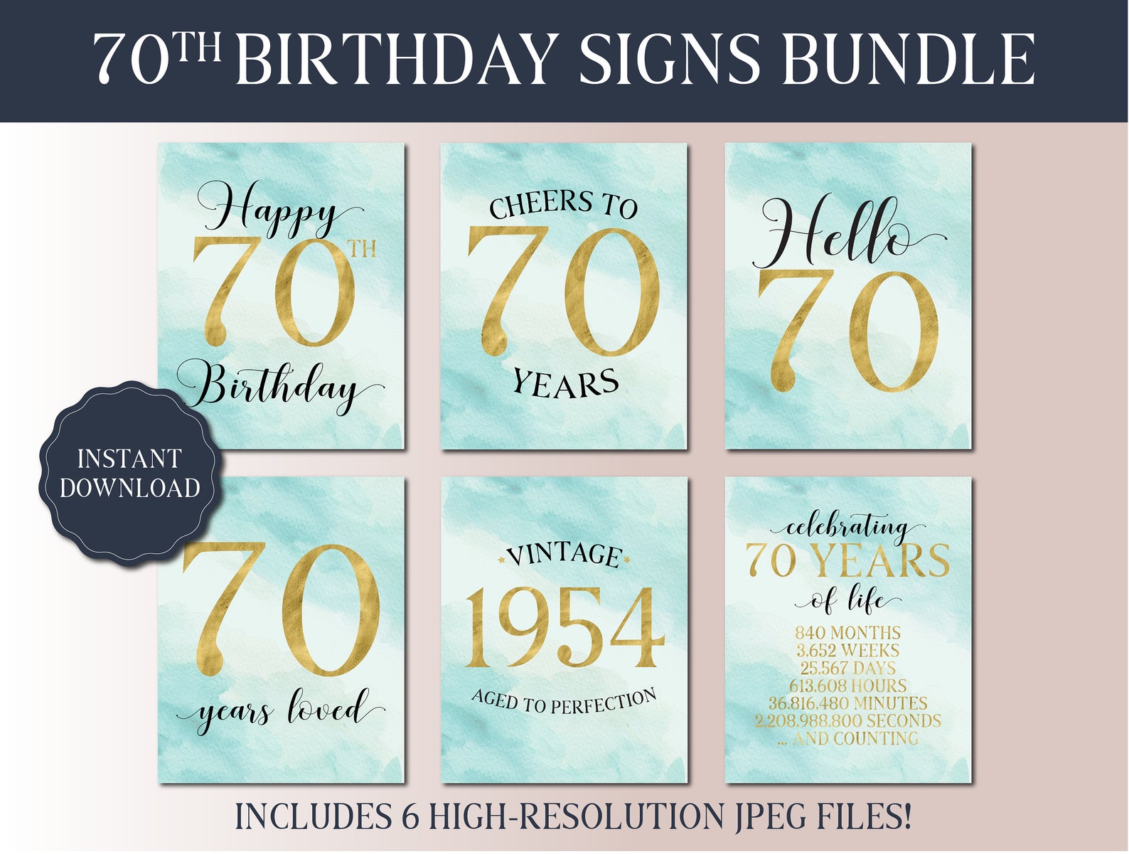 70th Birthday Signs Bundle - Blue Watercolour Party 2024 - Instant ...