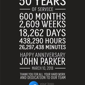 50 Year Work Anniversary Print, Employee Gift, Years of Service ...