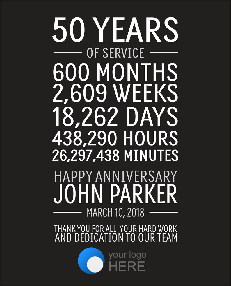 50 Year Work Anniversary Print, Employee Gift, Years of Service ...
