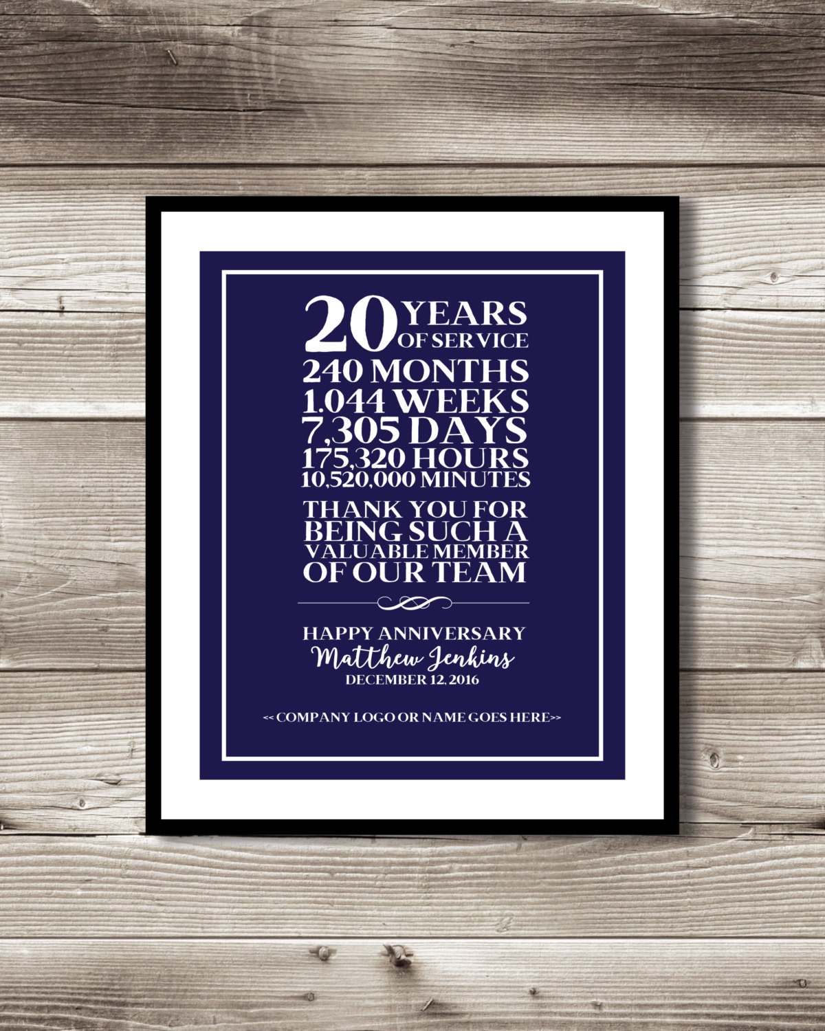 20 Year Work Anniversary Print Gift Idea Customizable Thank Etsy UK