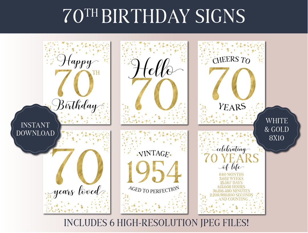 70th Birthday Signs Bundle - White and Gold Party 2024 - Instant ...