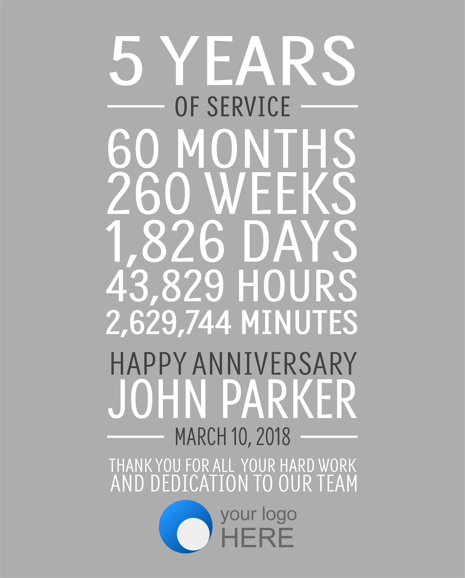 5 Year Work Anniversary Print, Employee Gift, 5 Years of Service ...