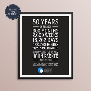 50 Year Work Anniversary Print, Employee Gift, Years of Service ...