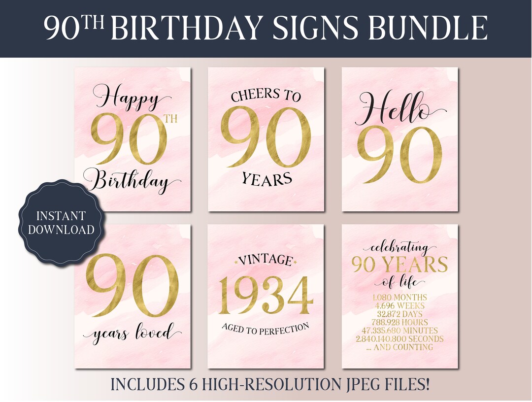 90th Birthday Signs Bundle - Pink Watercolour Party 2024 - Instant ...