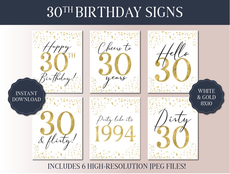 30th Birthday Sign Bundle of 6- White and Gold Party 2024 - Instant ...
