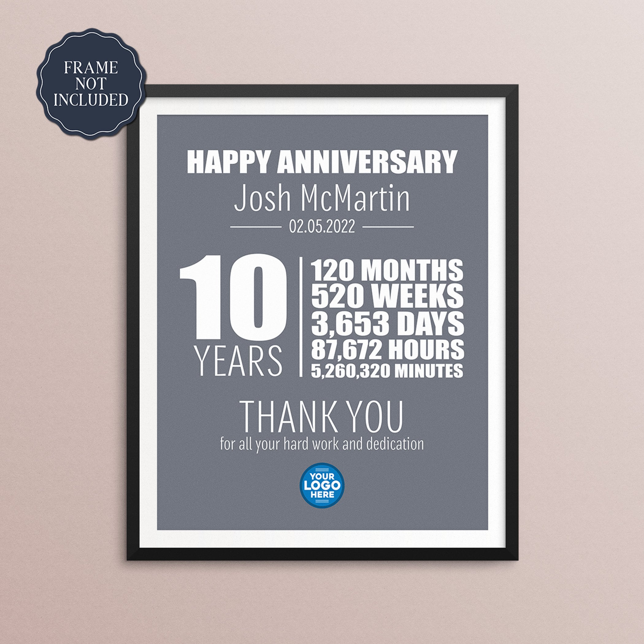 10 Year Work Anniversary Print, 10th Employee Anniversary Gift Idea ...