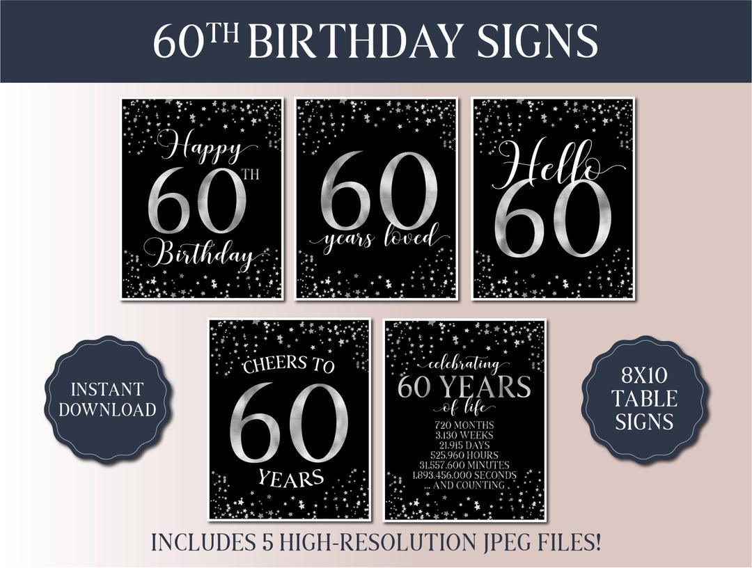 60th Birthday Signs Bundle - Black and Silver Party 2025 - Instant ...