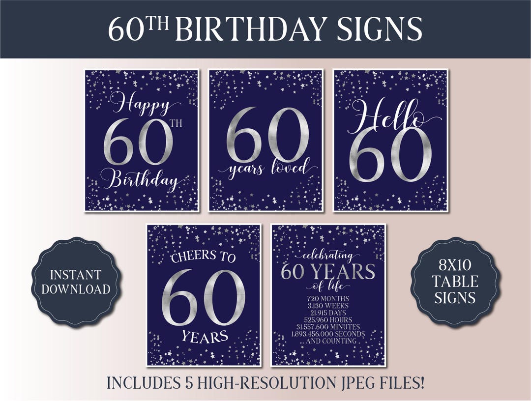 60th Birthday Signs Bundle - Navy and Silver Party 2025 - Instant ...