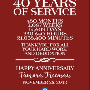 40 Year Work Anniversary Print, Gift Idea, Customizable, Thank You Gift ...