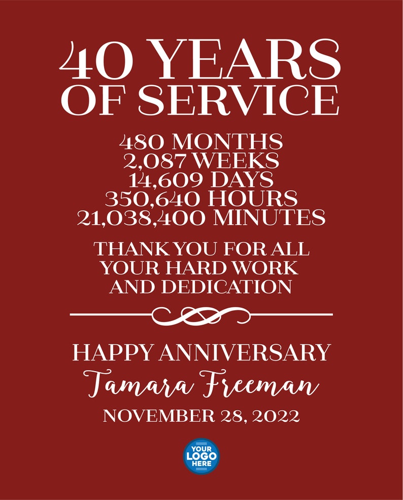 40 Year Work Anniversary Print Gift Idea Customizable Thank - Etsy Canada