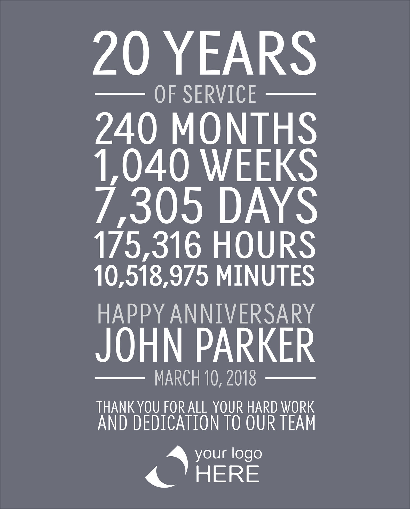 20 Year Work Anniversary Print, 20 Years of Service, Customizable ...