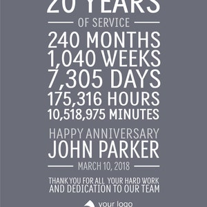 20 Year Work Anniversary Print, 20 Years of Service, Customizable ...