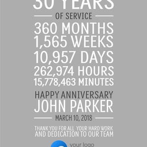 30 Year Work Anniversary Print, Employee Gift, 30 Years of Service ...