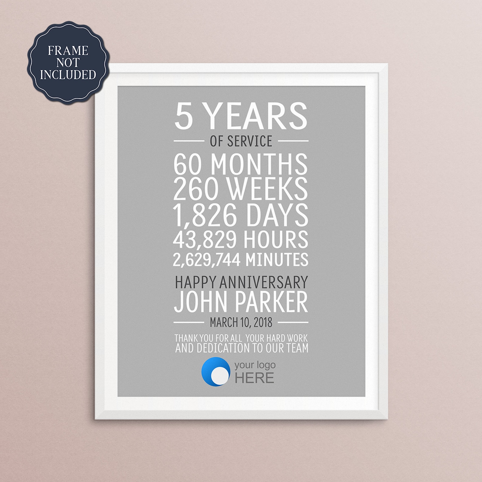 5 Year Work Anniversary Print, Employee Gift, 5 Years of Service ...