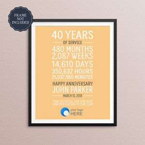 40 Year Work Anniversary Print, Employee Gift, 40 Years of Service ...