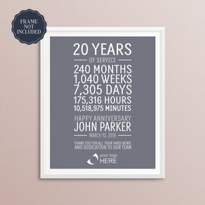20 Year Work Anniversary Print, 20 Years of Service, Customizable ...