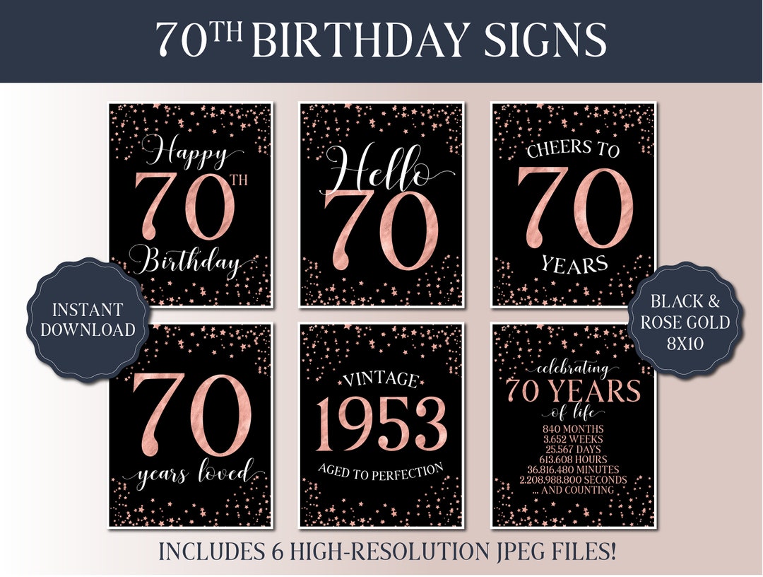 70th Birthday Decorations Set of 6 Black and Rose Gold Party - Etsy