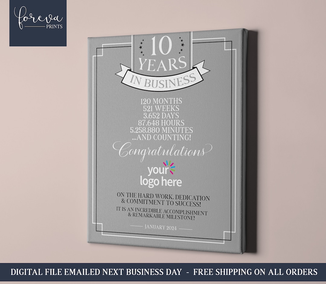 10th Business Anniversary Canvas Gift Idea, 10 Years in Business Sign ...