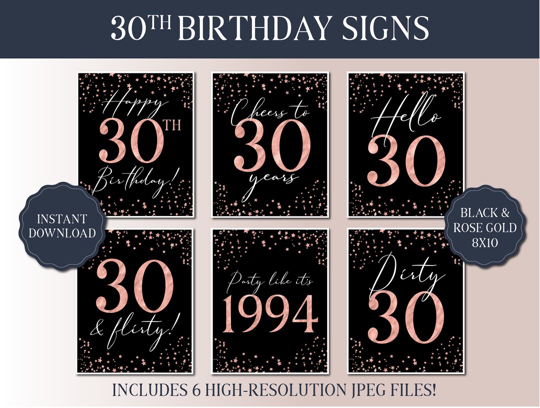 30th Birthday Sign Bundle of 6 Black and Rose Gold Party 2024 Instant ...