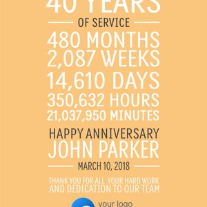 40 Year Work Anniversary Print, Employee Gift, 40 Years of Service ...